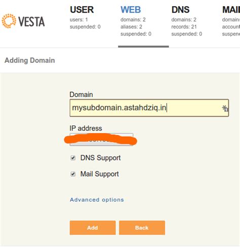 Dns Creating Subdomain With Vesta Cp And Digitalocean Stack Overflow