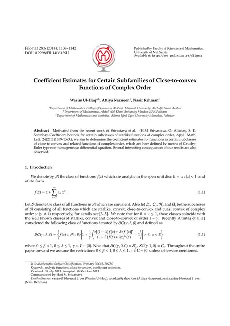 Pdf Coefficient Estimates For Certain Subfamilies Of Close To Convex Functions Of Complex Order