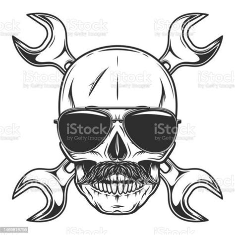 선글라스와 건설 빌더 배관 렌치 또는 차체 공장 수리 자동차 및 트럭 정비사 서비스 도구 교차 스패너 빈티지 그림에 콧수염을 가진 두개골 0명에 대한 스톡 벡터 아트 및