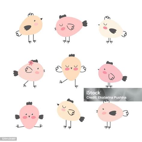 흰색 배경에 고립 된 다양한 포즈에서 귀여운 만화 부활절 닭의 집합입니다 봄 휴가 디자인 부활절 요소의 컬렉션입니다 벡터 손으로 그린 그림입니다 파스텔 팔레트 공휴일에 대한