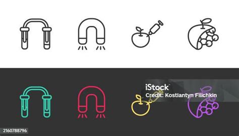 세트 라인 시험관과 플라스크 자석 유전자 변형 사과 및 생물학적 구조 On Black과 White 벡터 0명에 대한 스톡 벡터