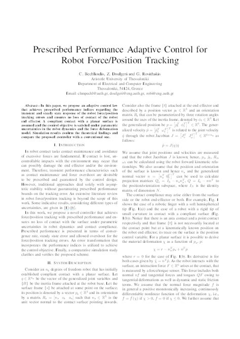 Pdf Prescribed Performance Adaptive Control For Robot Force Position Tracking