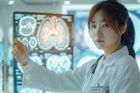 A Woman In A White Lab Coat Is Looking At A Computer Screen Displaying
