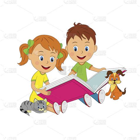 男孩和女孩坐在一起看书