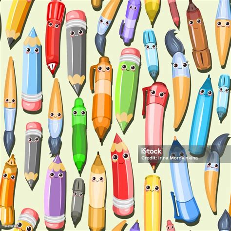 볼펜과 젤 펜 매끄러운 패턴 얼굴이있는 쾌활한 캐릭터 페인트 브러시와 만화 스타일의 배경 그림 벡터 개념에 대한 스톡 벡터 아트 및 기타 이미지 Istock