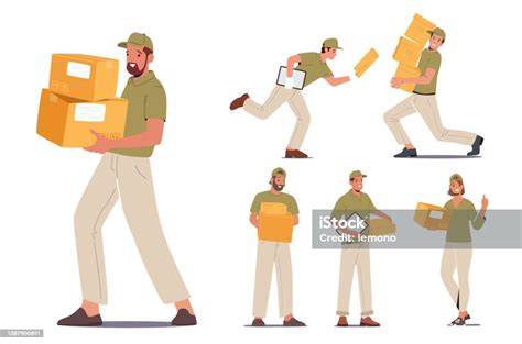 택배 의 세트 남성과 여성 캐릭터는 균일 한 캐리 판지 상자를 착용합니다 송장을 가진 배달 남성과 여성 캡에 대한 스톡 벡터 아트 및 기타 이미지 Istock