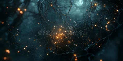 Realistic Connected Digital Nodes Visualization In A Dark Forest Of Lights And Shadows Stock