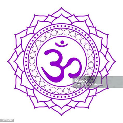 선화 일곱 번째 차크라 사하스라 힌두교 산스크리트어와 왕관 또는 가장 높은 차크라 보라색은 명상 요가의 평평한 상징이다 벡터