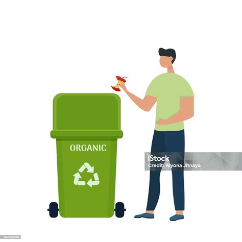 귀여운 캐릭터 남자는 녹색 유기 쓰레기통에 쓰레기를 넣어 선별 관리 및 재활용 평평한 만화 스타일의 생태 개념 스톡 벡터