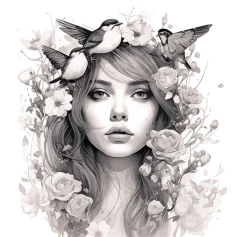 Premium Vector A Black And White Drawing Of A Woman With Flowers In Her Hair
