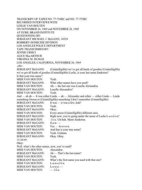 Transcript Of Van Houten Police Interview Pdf Land Vehicles Automobiles