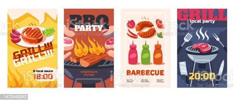 그릴 파티 포스터 요리 및 구운 고기 야외 피크닉 또는 요리 이벤트 초대장을위한 장비가있는 바베큐 전단지 템플릿 벡터 만화 세트 뒤뜰에 대한 스톡 벡터 아트 및 기타 이미지