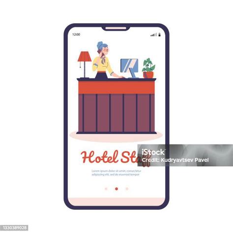 호텔 직원이 리셉션 평면 벡터 일러스트가 있는 온보딩 스크린 호텔 안내원에 대한 스톡 벡터 아트 및 기타 이미지 호텔 안내원 Brand Name Smart Phone