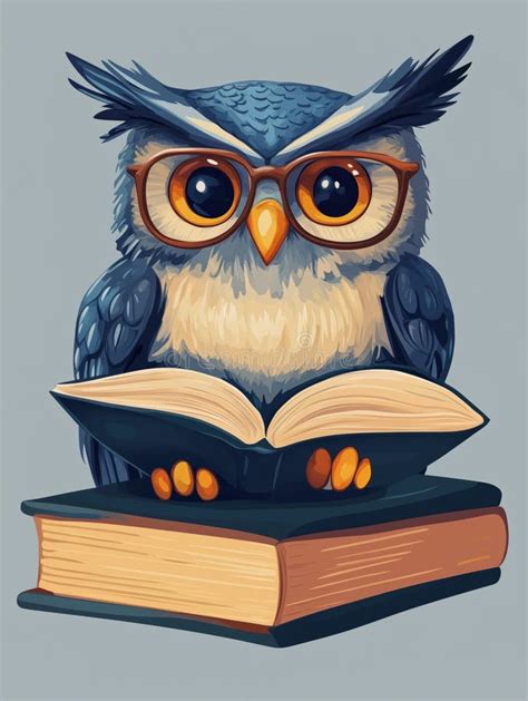 Wise Owl Wearing Glasses Reading A Book On Top Of Another Book Stock