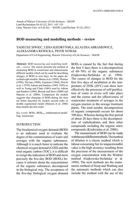 Pdf Bod Mesuring And Modelling Methods Review