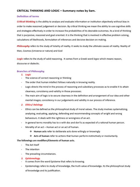 Critical Thinking And Logic Notes Pdf Logic Reason