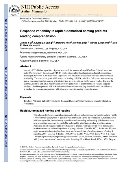 Pdf Response Variability In Rapid Automatized Naming Predicts Reading
