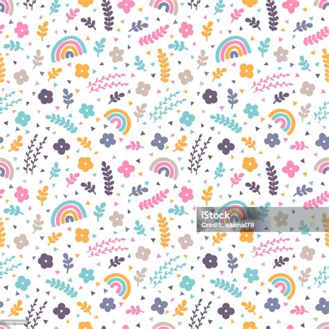 손으로 그린 요소와 귀여운 꽃 원활한 패턴 봄 무지개 꽃 스칸디나비아 스타일 검은색에 대한 스톡 벡터 아트 및 기타 이미지 검은색 귀여운 그래픽 프린트 Istock
