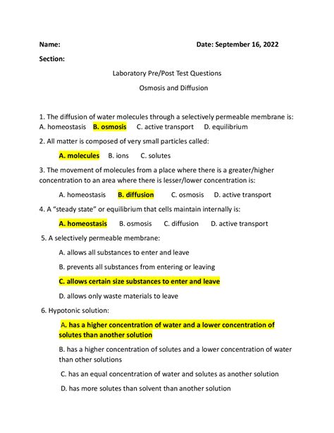 Diffusion Test Questions Diffusion And Osmosis Lab Pre Lab Questions