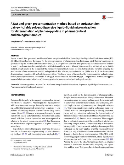 Pdf A Fast And Green Preconcentration Method Based On Surfactant Ion Pair Switchable Solvent