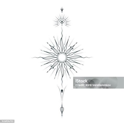 라인 아트의 신비로운 태양 이미지 손으로 그린 난해한 일러스트레이션은 흰색에 고립되어 조각 양식화되었습니다 점성술 타로 카드 문신 및 스티커를위한 디자인 타로 카드에 대한