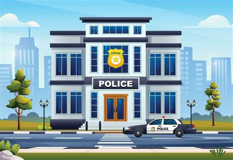 Police Station Building With Patrol Car On Cityscape Background