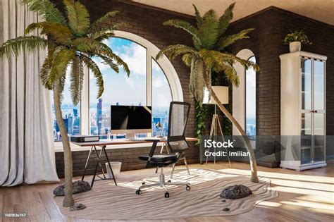 시내 시내에 아치형 창문이 있는 로프트 아파트 야자수가있는 실내 해변 여행 원격 근무 개념 3d 그림 0명에 대한 스톡 사진 및 기타 이미지 Istock
