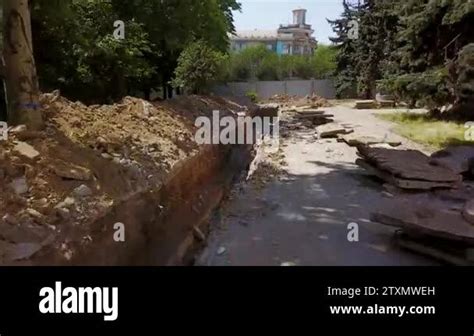 aerial of dug trenches for pipelines and communications at a