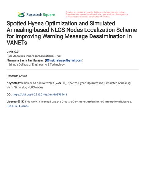 Pdf Spotted Hyena Optimization And Simulated Annealing Based Nlos Nodes Localization Scheme