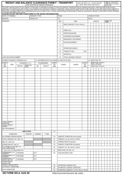 Dd Form 365 4 Weight And Balance Clearance Form F Transport Tactical Dd Forms
