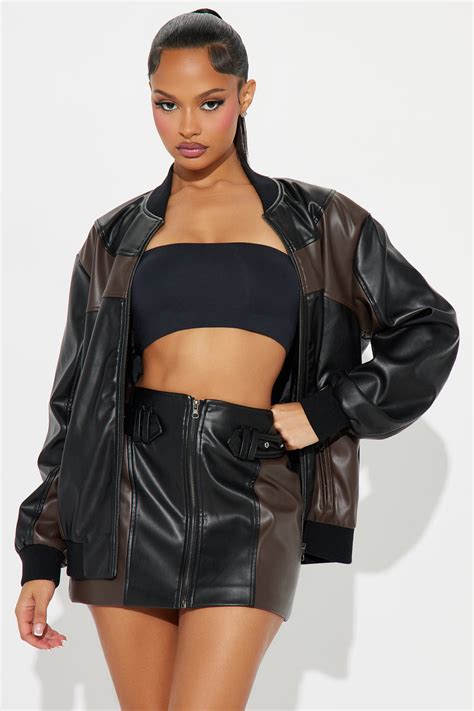 Mia Faux Leather Skirt Set Browncombo Fashion Nova