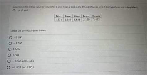 Solved Determine The Critical Value Or Values For A One Mean Chegg Com