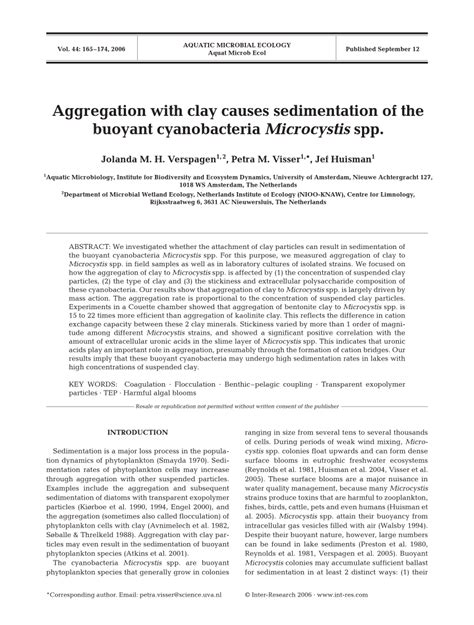 Pdf Aggregation With Clay Causes Sedimentation Of The Buoyant Cyanobacteria Microcystis Spp