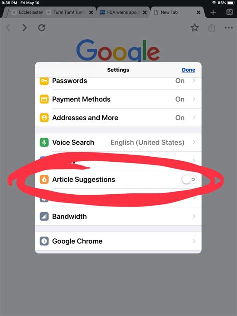 how to hide chrome suggested articles on ipad iphone android