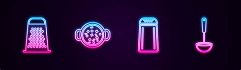 세트 라인 그라프 냄비에 수프를 요리 소금과 후추와 부엌 국자 빛나는 네온 아이콘 벡터 금속에 대한 스톡 벡터 아트 및 기타