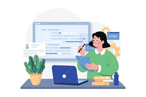 Premium Vector Young Female Computer Programmer Coding At Laptop