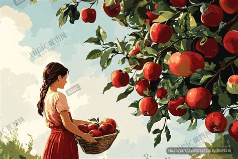 Ai创作图女孩 果园 苹果 篮子 树 果实 田园 采摘 自然风光 绿植 天空 丰收 劳作 美好 场景 昵图网