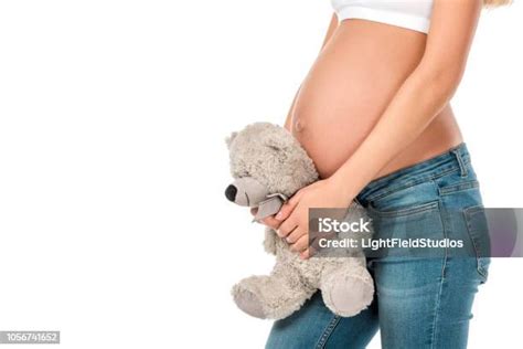 흰색 절연 그녀의 배꼽 근처 테 디 베어를 들고 임신 여자의 자른된 보기 데님에 대한 스톡 사진 및 기타 이미지 데님 백인종 보살핌 Istock