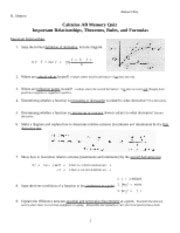 AP CAlc AB Study Guide Answer Key B Johnson Calculus AB Memory Quiz Important Relationships