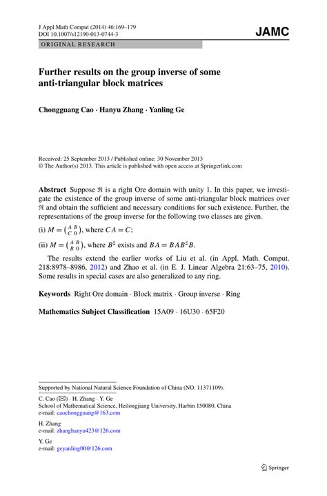 Pdf Further Results On The Group Inverse Of Some Anti Triangular Block Matrices