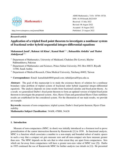 Pdf Application Of A Tripled Fixed Point Theorem To Investigate A Nonlinear System Of