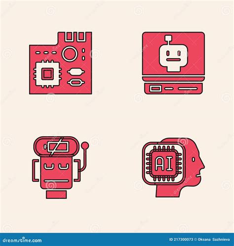 Set Humanoid Robot Motherboard Digital Chip Robot And Low Battery Charge Icon Vector Stock