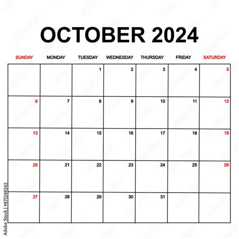 October 2024 With Holydays Or Red Dates Monthly Calendar Design With