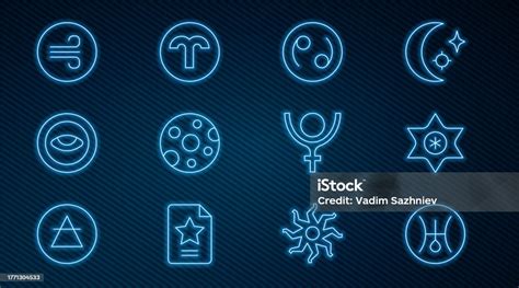 세트 라인 기호 천왕성 떨어지는 별 게자리 조디악 보름달 눈이 있는 메달리온 바람이 부는 날씨 명왕성 및 양자리 아이콘 벡터 가득 찬에 대한 스톡 벡터 아트 및 기타 이미지