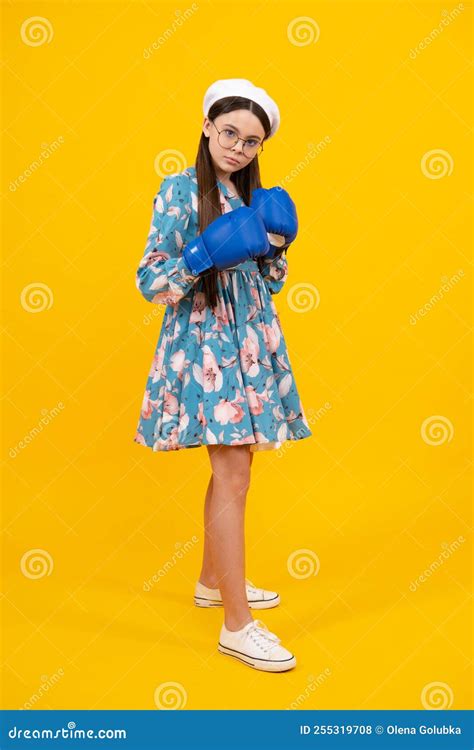 Teenage Fun Boxer Girl In Boxing Gloves On Yellow Isolated Background Funny Girl Boxer In Fun