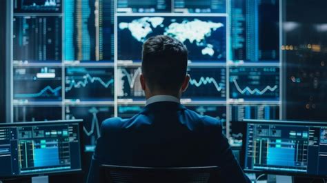 Premium Photo Man Sitting At Desk With Multiple Monitors