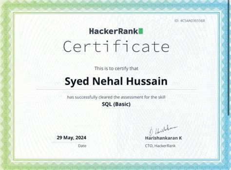 Im Excited To Share That I Have Earned My Sql Basic Certification From Hackerrank Syed