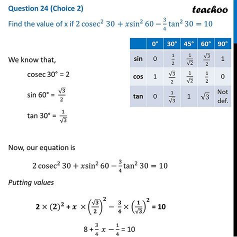 Find The Value Of X If 2 Cosec2 30 X Sin2 60 34 Tan2 30 10