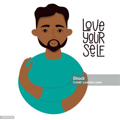 컨셉 카드 자신을 사랑하십시오 수염을 가진 어두운 피부의 세련된 남자가 자신을 포옹합니다 개념 자신을 사랑하고 자신과 보살핌을위한 시간을 찾으십시오 벡터 일러스트레이션 플랫