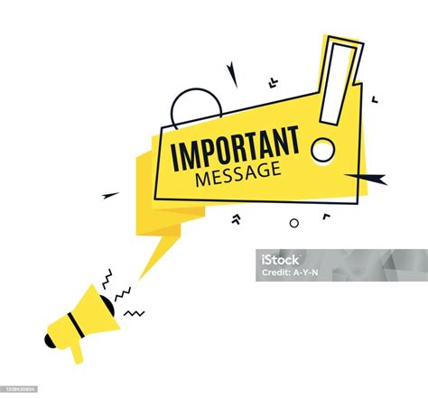중요한 메시지입니다 평면 예술 디자인의 노란색 음성 거품과 메가 폰 느낌표 기호와 검은 모양의 트렌디 한 스타일 배너 라우드 스피커가있는 간단한 배지 벡터 카드 그림입니다